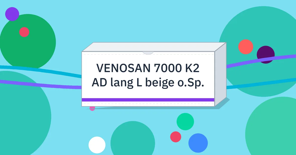 Symbolbild: Packung mit der Aufschrift VENOSAN 7000 K2 AD lang L beige o.Sp. (PZN 14434162) – Verfügbarkeit und Bezug in Apotheken in Frankfurt am Main