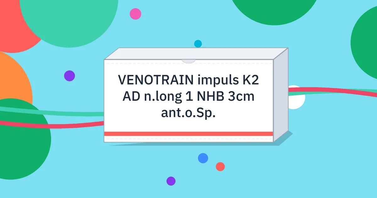 Symbolbild: Packung mit der Aufschrift VENOTRAIN impuls K2 AD n.long 1 NHB 3cm ant.o.Sp. (PZN 15224372) – Verfügbarkeit und Bezug in Apotheken in Frankfurt am Main