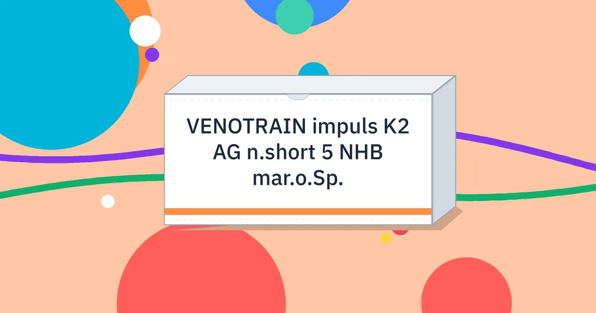 Symbolbild: Packung mit der Aufschrift VENOTRAIN impuls K2 AG n.short 5 NHB mar.o.Sp. (PZN 15214333) – Verfügbarkeit und Bezug in Apotheken in Frankfurt am Main