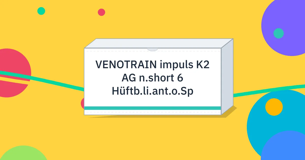 Symbolbild: Packung mit der Aufschrift VENOTRAIN impuls K2 AG n.short 6 Hüftb.li.ant.o.Sp (PZN 15219678) – Verfügbarkeit und Bezug in Apotheken in Frankfurt am Main