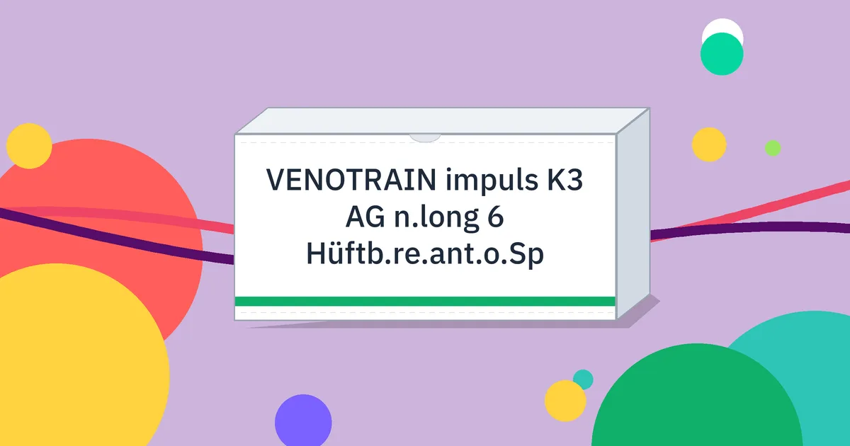 Symbolbild: Packung mit der Aufschrift VENOTRAIN impuls K3 AG n.long 6 Hüftb.re.ant.o.Sp (PZN 15218555) – Verfügbarkeit und Bezug in Apotheken in Frankfurt am Main
