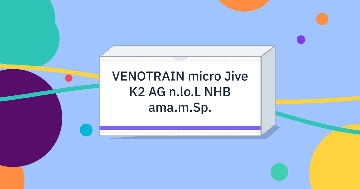 Symbolbild: Packung mit der Aufschrift VENOTRAIN micro Jive K2 AG n.lo.L NHB ama.m.Sp. (PZN 17765161) – Verfügbarkeit und Bezug in Apotheken in Frankfurt am Main