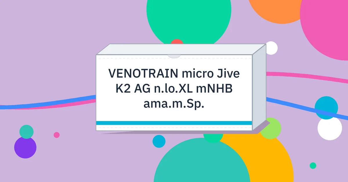 Symbolbild: Packung mit der Aufschrift VENOTRAIN micro Jive K2 AG n.lo.XL mNHB ama.m.Sp. (PZN 17759692) – Verfügbarkeit und Bezug in Apotheken in Frankfurt am Main