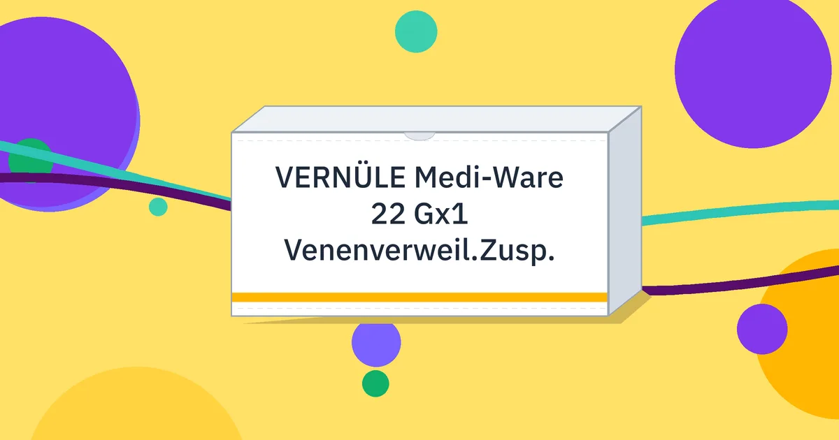 Symbolbild: Packung mit der Aufschrift VERNÜLE Medi-Ware 22 Gx1 Venenverweil.Zusp. (PZN 04303476) – Verfügbarkeit und Bezug in Apotheken in Frankfurt am Main