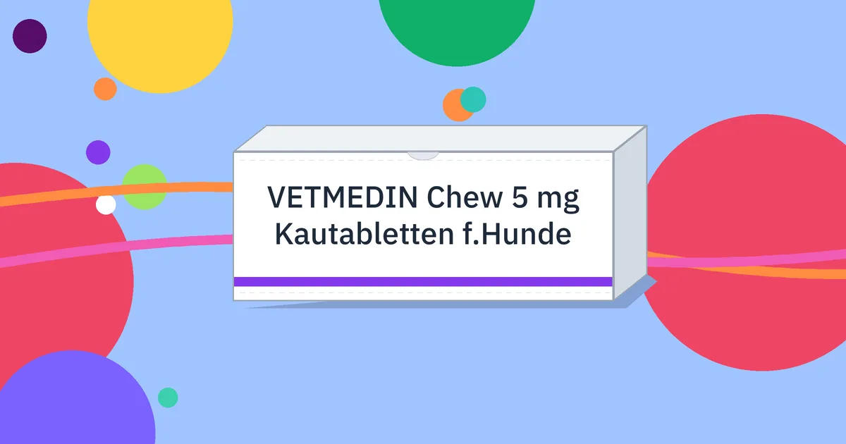 Symbolbild: Packung mit der Aufschrift VETMEDIN Chew 5 mg Kautabletten f.Hunde (PZN 11855182) – Verfügbarkeit und Bezug in Apotheken in Frankfurt am Main