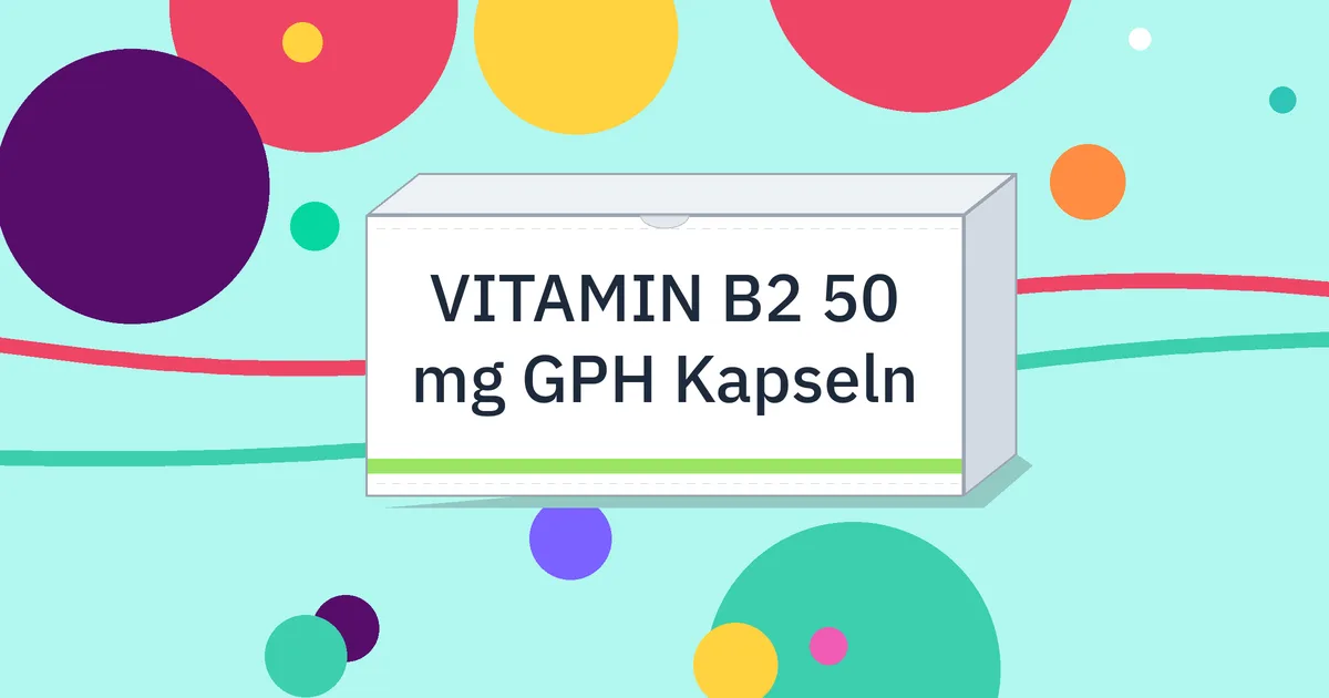 Symbolbild: Packung mit der Aufschrift VITAMIN B2 50 mg GPH Kapseln (PZN 16571265) – Verfügbarkeit und Bezug in Apotheken in Frankfurt am Main