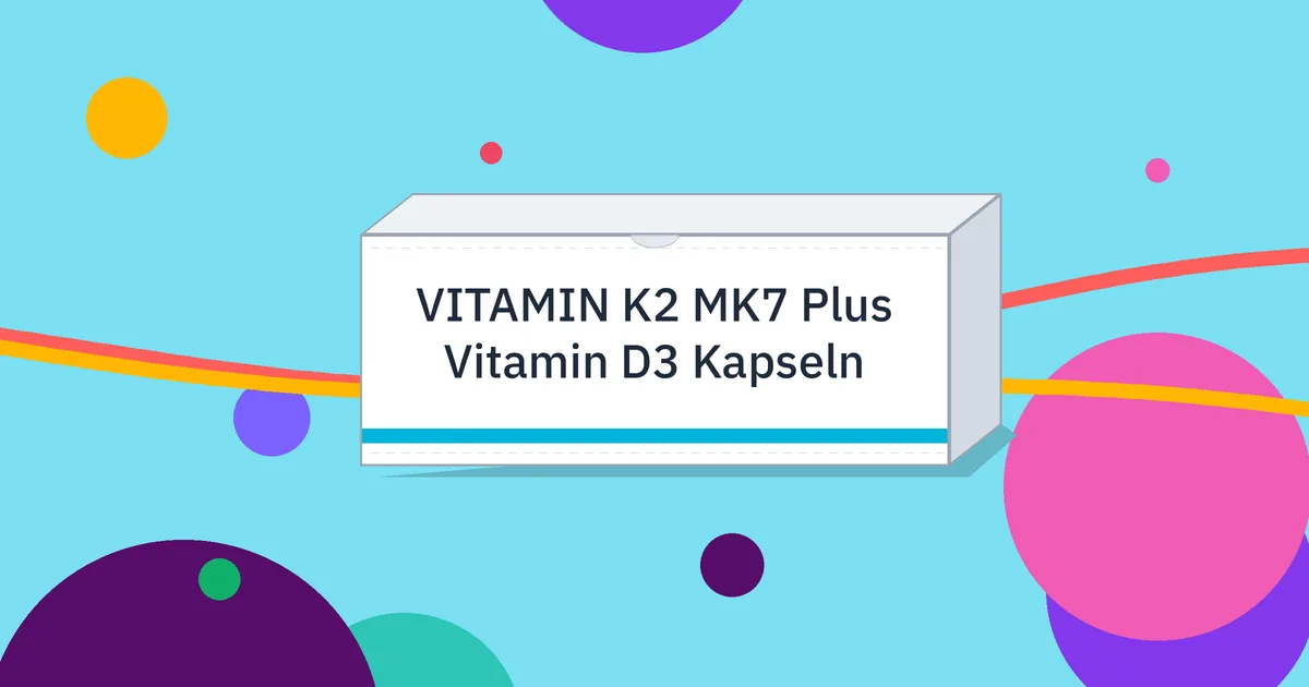 Symbolbild: Packung mit der Aufschrift VITAMIN K2 MK7 Plus Vitamin D3 Kapseln (PZN 12872159) – Verfügbarkeit und Bezug in Apotheken in Frankfurt am Main