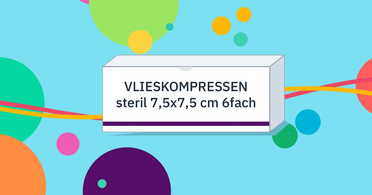 Symbolbild: Packung mit der Aufschrift VLIESKOMPRESSEN steril 7,5x7,5 cm 6fach (PZN 18020865) – Verfügbarkeit und Bezug in Apotheken in Frankfurt am Main