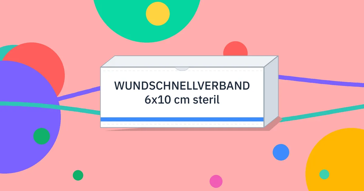 Symbolbild: Packung mit der Aufschrift WUNDSCHNELLVERBAND 6x10 cm steril (PZN 20126482) – Verfügbarkeit und Bezug in Apotheken in Frankfurt am Main