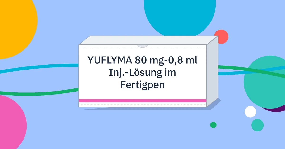 Symbolbild: Packung mit der Aufschrift YUFLYMA 80 mg-0,8 ml Inj.-Lösung im Fertigpen (PZN 20344167) – Verfügbarkeit und Bezug in Apotheken in Frankfurt am Main