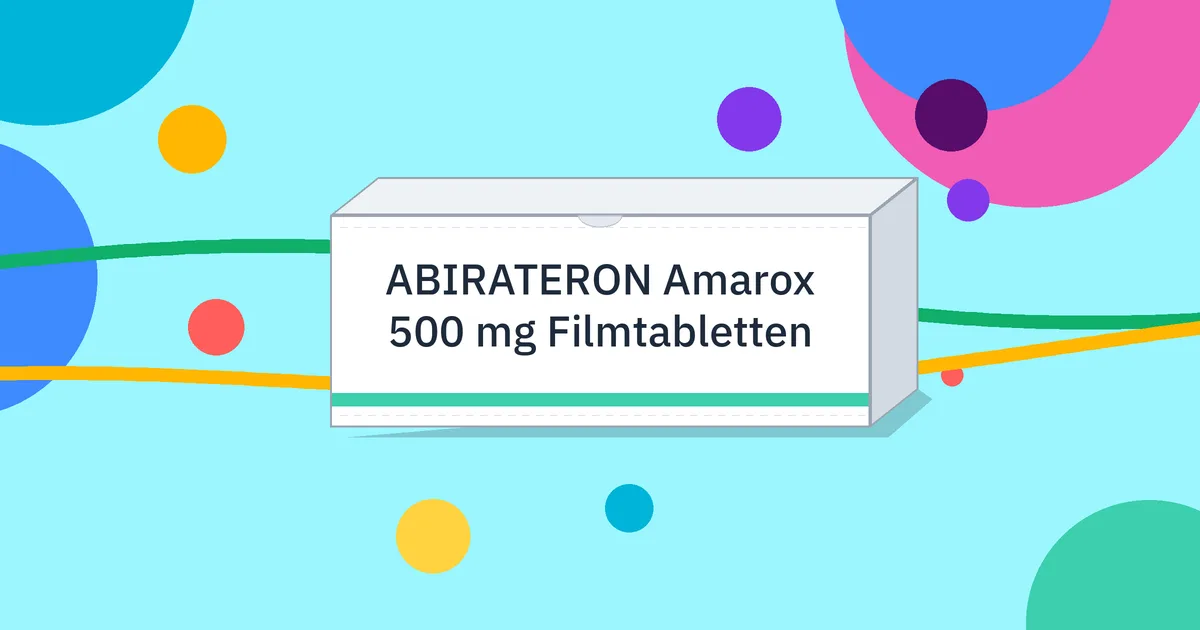 Symbolbild: Packung mit der Aufschrift ABIRATERON Amarox 500 mg Filmtabletten (PZN 18738284) – Verfügbarkeit und Bezug in Apotheken in Frankfurt am Main