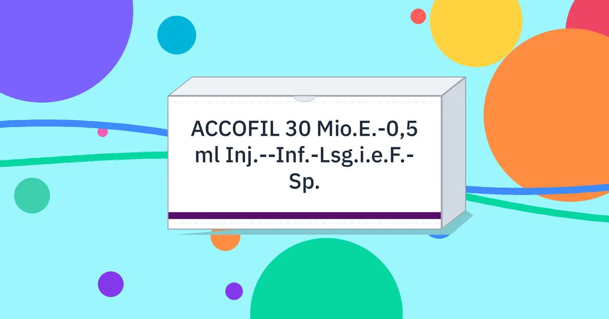 Symbolbild: Packung mit der Aufschrift ACCOFIL 30 Mio.E.-0,5 ml Inj.--Inf.-Lsg.i.e.F.-Sp. (PZN 19415436) – Verfügbarkeit und Bezug in Apotheken in Frankfurt am Main