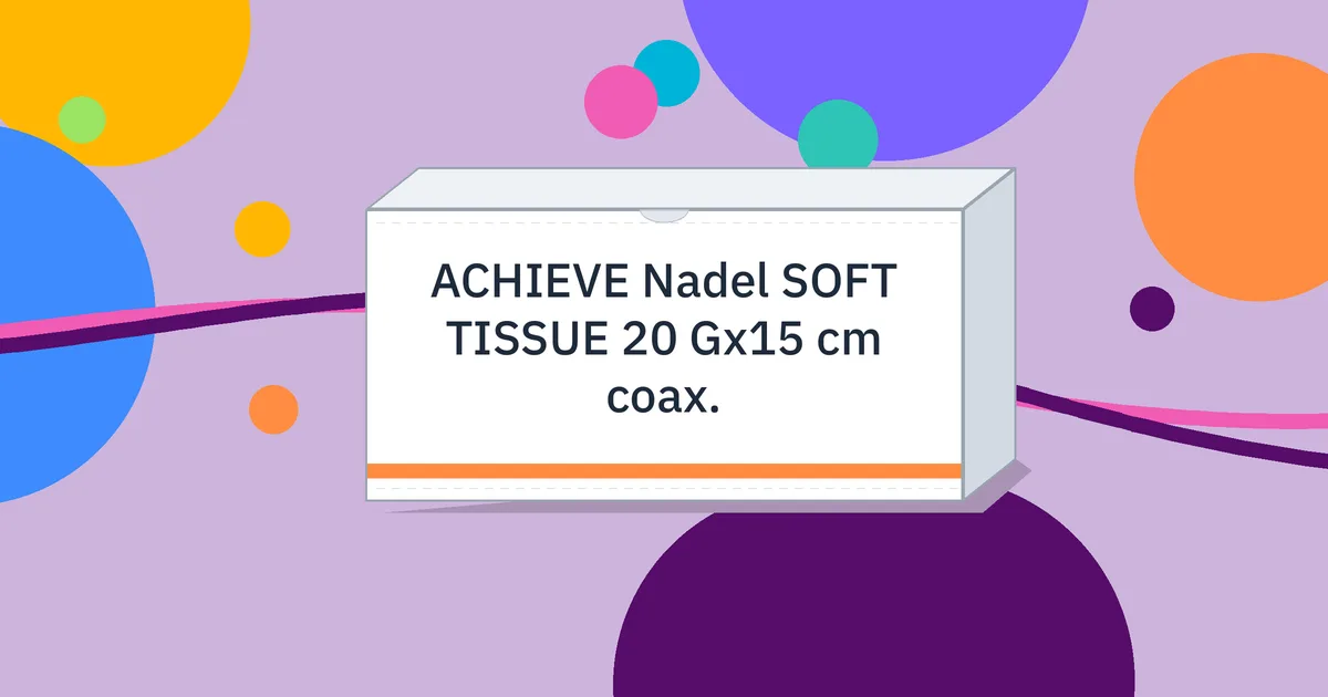 Symbolbild: Packung mit der Aufschrift ACHIEVE Nadel SOFT TISSUE 20 Gx15 cm coax. (PZN 18763738) – Verfügbarkeit und Bezug in Apotheken in Frankfurt am Main