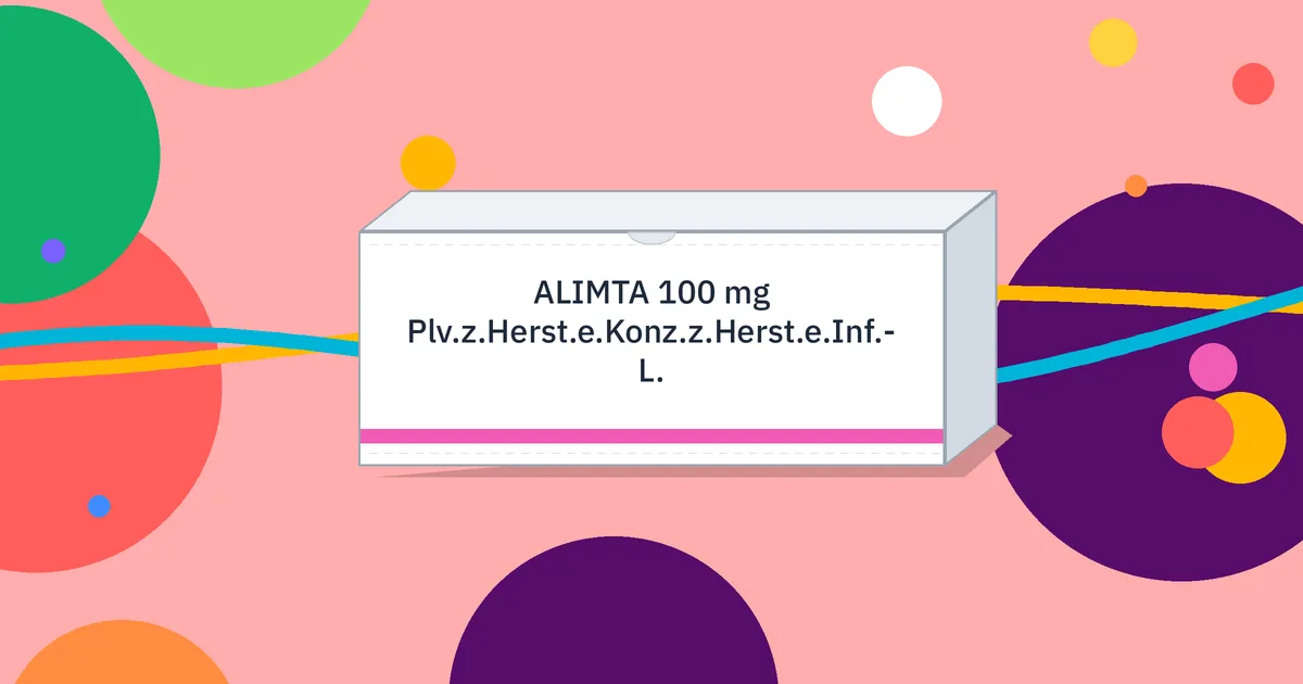 Symbolbild: Packung mit der Aufschrift ALIMTA 100 mg Plv.z.Herst.e.Konz.z.Herst.e.Inf.-L. (PZN 07411261) – Verfügbarkeit und Bezug in Apotheken in Frankfurt am Main