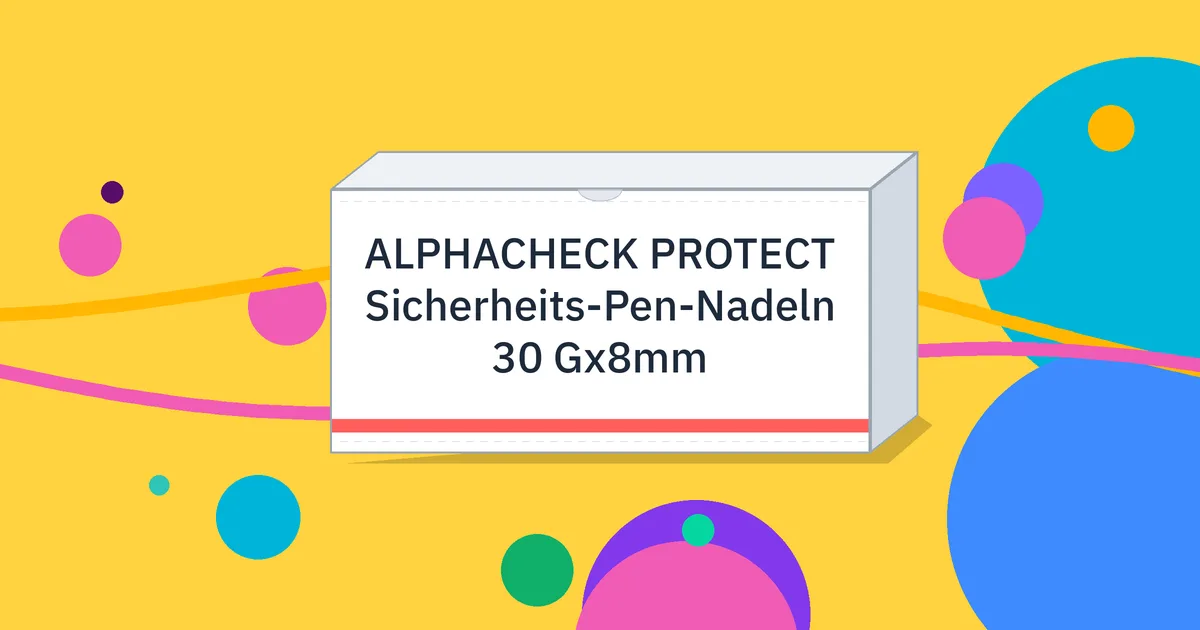 Symbolbild: Packung mit der Aufschrift ALPHACHECK PROTECT Sicherheits-Pen-Nadeln 30 Gx8mm (PZN 17197998) – Verfügbarkeit und Bezug in Apotheken in Frankfurt am Main