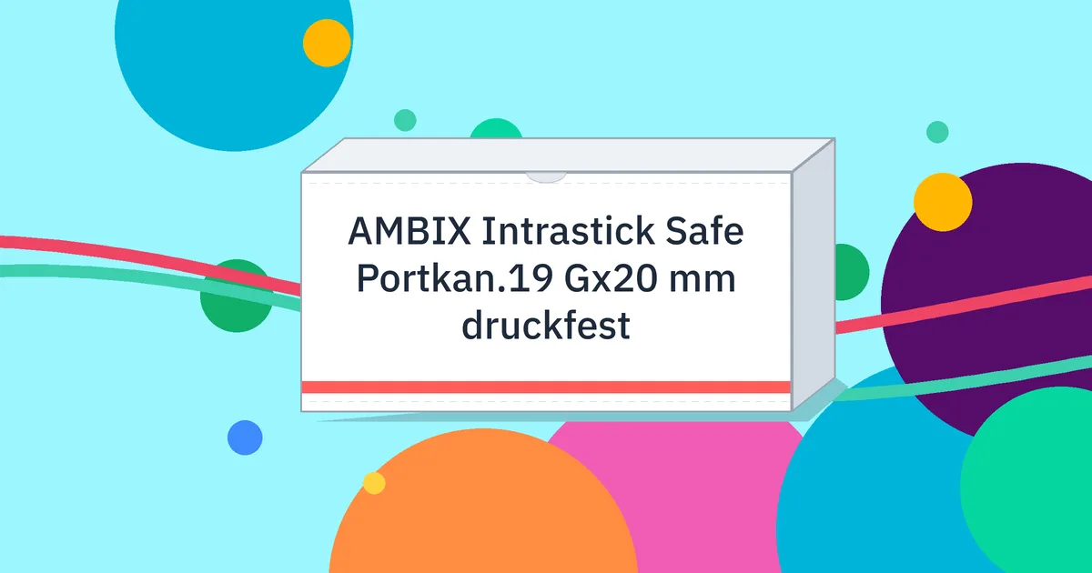 Symbolbild: Packung mit der Aufschrift AMBIX Intrastick Safe Portkan.19 Gx20 mm druckfest (PZN 09619250) – Verfügbarkeit und Bezug in Apotheken in Frankfurt am Main