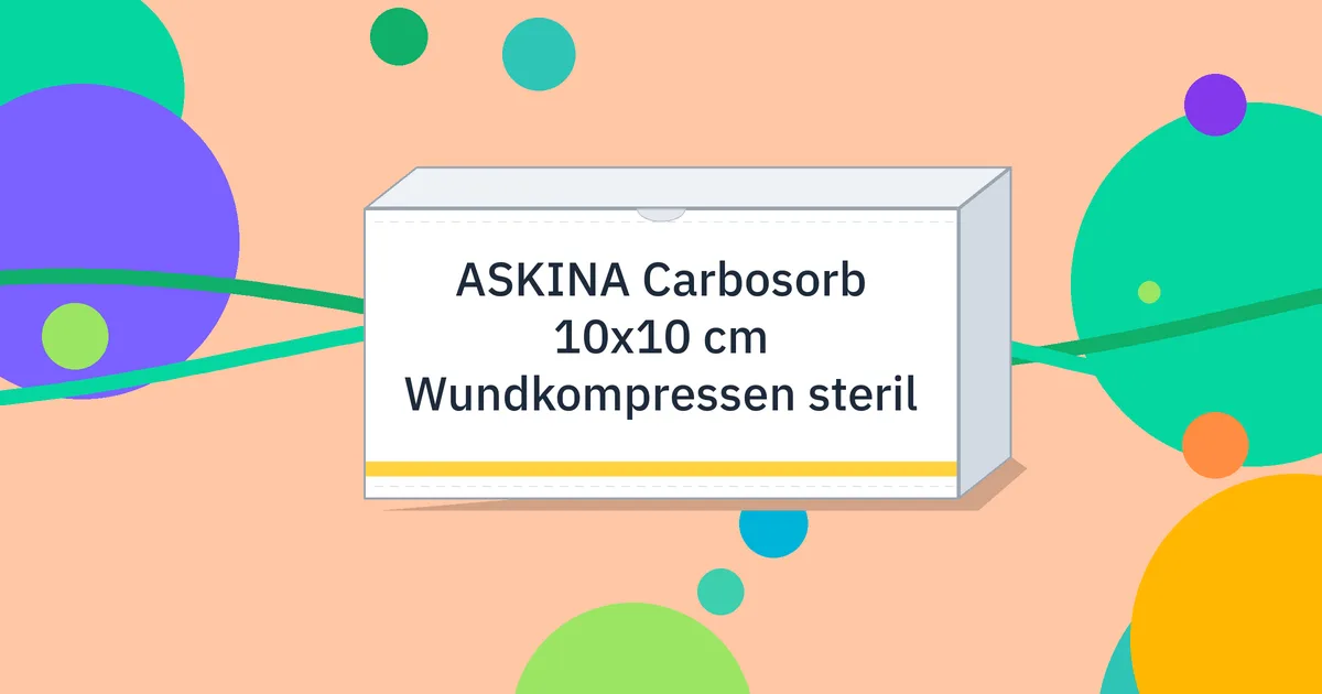 Symbolbild: Packung mit der Aufschrift ASKINA Carbosorb 10x10 cm Wundkompressen steril (PZN 11310608) – Verfügbarkeit und Bezug in Apotheken in Frankfurt am Main