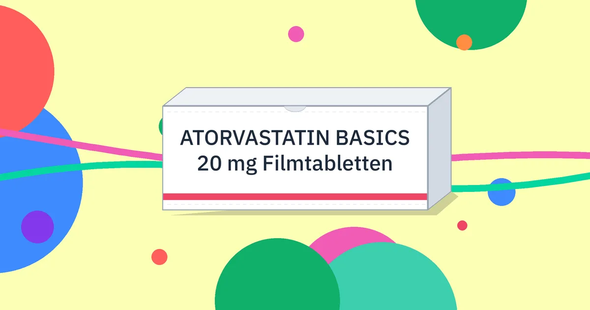 Symbolbild: Packung mit der Aufschrift ATORVASTATIN BASICS 20 mg Filmtabletten (PZN 00524252) – Verfügbarkeit und Bezug in Apotheken in Frankfurt am Main