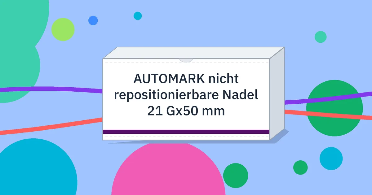 Symbolbild: Packung mit der Aufschrift AUTOMARK nicht repositionierbare Nadel 21 Gx50 mm (PZN 19736809) – Verfügbarkeit und Bezug in Apotheken in Frankfurt am Main
