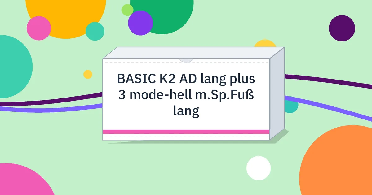 Symbolbild: Packung mit der Aufschrift BASIC K2 AD lang plus 3 mode-hell m.Sp.Fuß lang (PZN 20264511) – Verfügbarkeit und Bezug in Apotheken in Frankfurt am Main