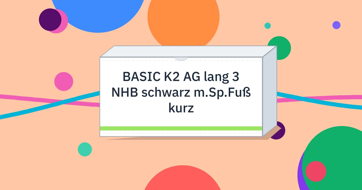 Symbolbild: Packung mit der Aufschrift BASIC K2 AG lang 3 NHB schwarz m.Sp.Fuß kurz (PZN 20266941) – Verfügbarkeit und Bezug in Apotheken in Frankfurt am Main