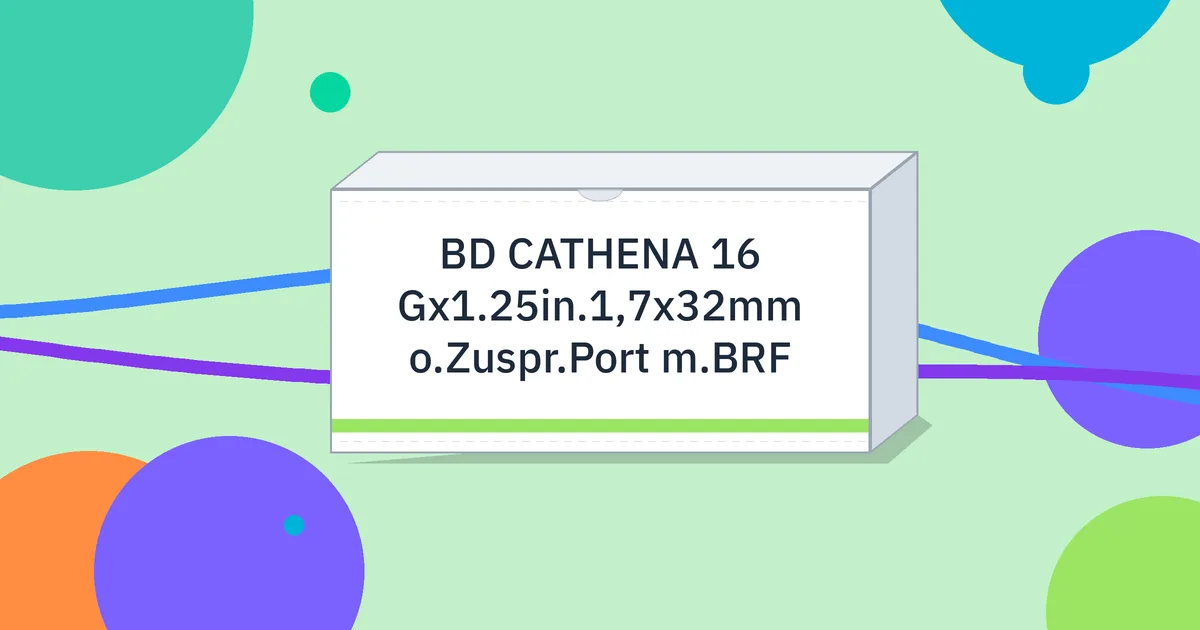 Symbolbild: Packung mit der Aufschrift BD CATHENA 16 Gx1.25in.1,7x32mm o.Zuspr.Port m.BRF (PZN 17176714) – Verfügbarkeit und Bezug in Apotheken in Frankfurt am Main
