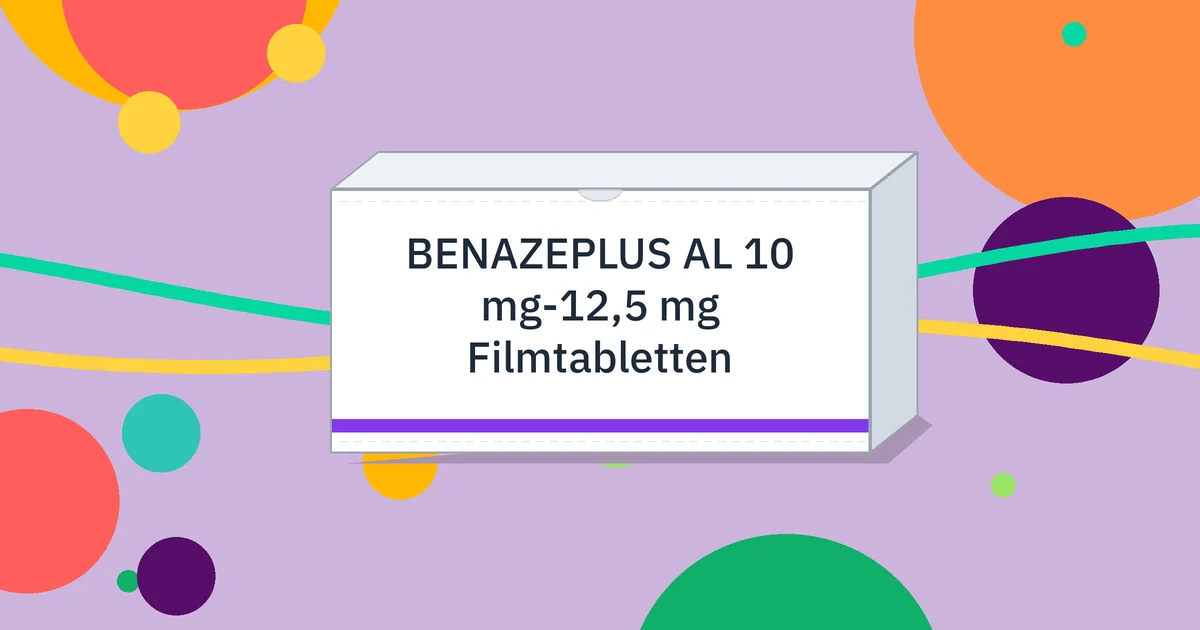 Symbolbild: Packung mit der Aufschrift BENAZEPLUS AL 10 mg-12,5 mg Filmtabletten (PZN 04351624) – Verfügbarkeit und Bezug in Apotheken in Frankfurt am Main
