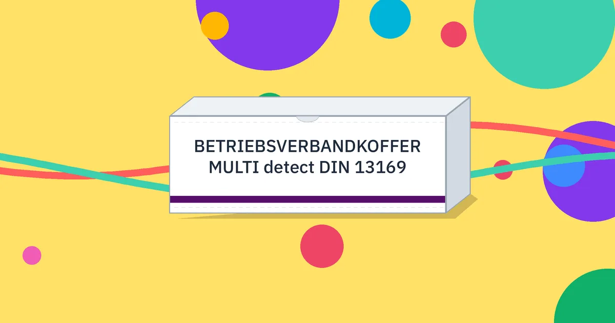 Symbolbild: Packung mit der Aufschrift BETRIEBSVERBANDKOFFER MULTI detect DIN 13169 (PZN 12491457) – Verfügbarkeit und Bezug in Apotheken in Frankfurt am Main