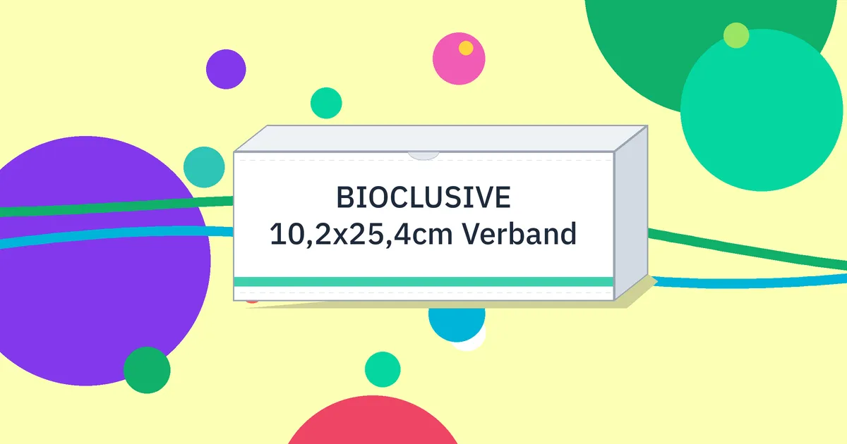 Symbolbild: Packung mit der Aufschrift BIOCLUSIVE 10,2x25,4cm Verband (PZN 09228012) – Verfügbarkeit und Bezug in Apotheken in Frankfurt am Main