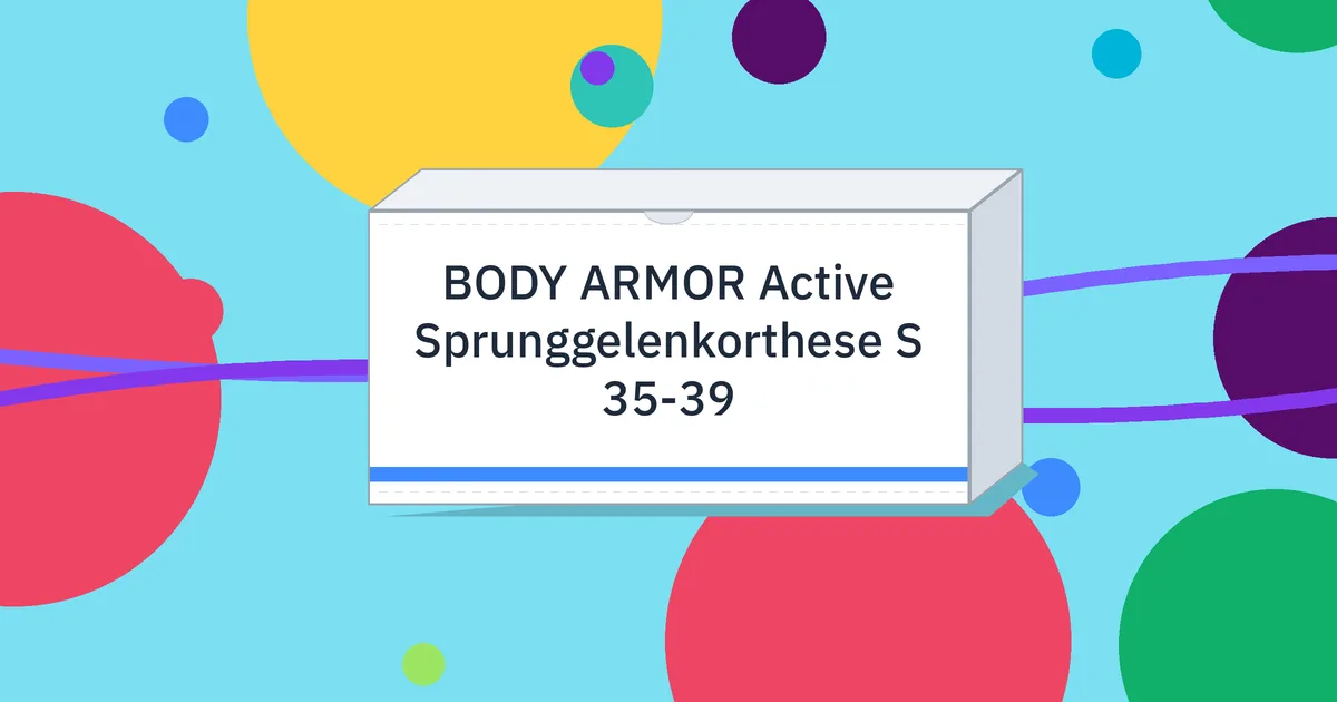 Symbolbild: Packung mit der Aufschrift BODY ARMOR Active Sprunggelenkorthese S 35-39 (PZN 16630602) – Verfügbarkeit und Bezug in Apotheken in Frankfurt am Main