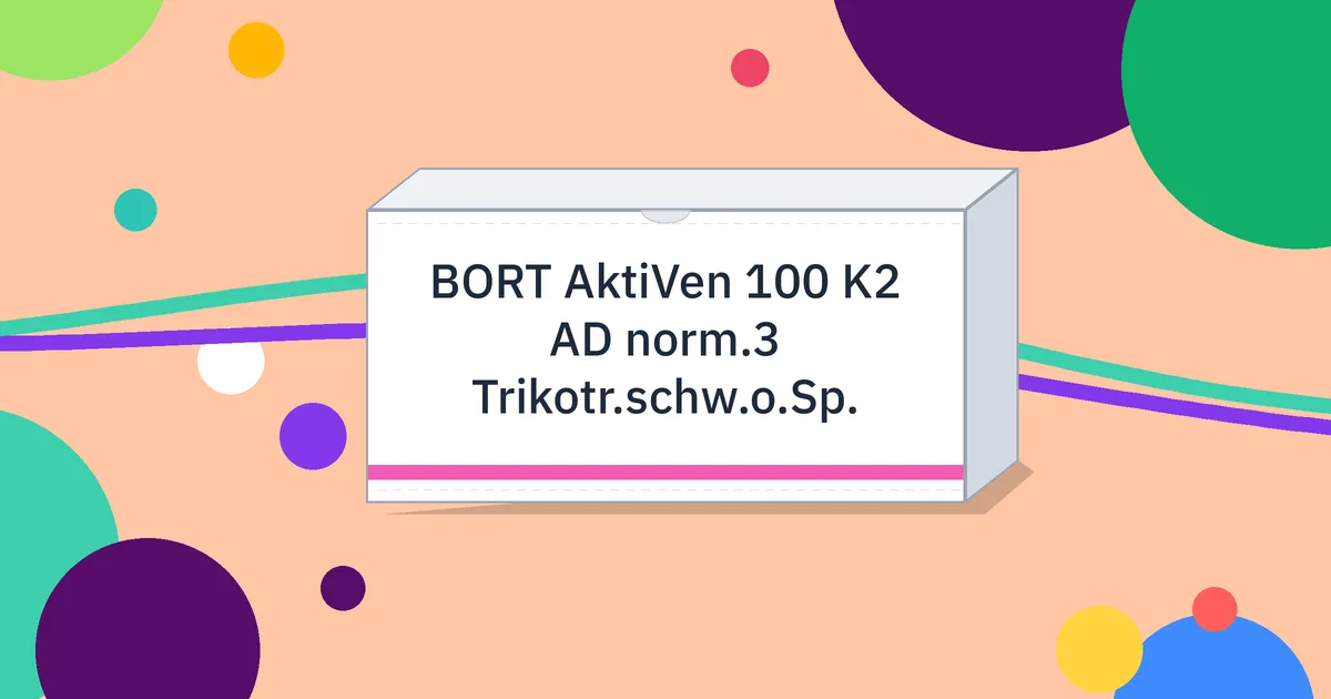 Symbolbild: Packung mit der Aufschrift BORT AktiVen 100 K2 AD norm.3 Trikotr.schw.o.Sp. (PZN 14386552) – Verfügbarkeit und Bezug in Apotheken in Frankfurt am Main