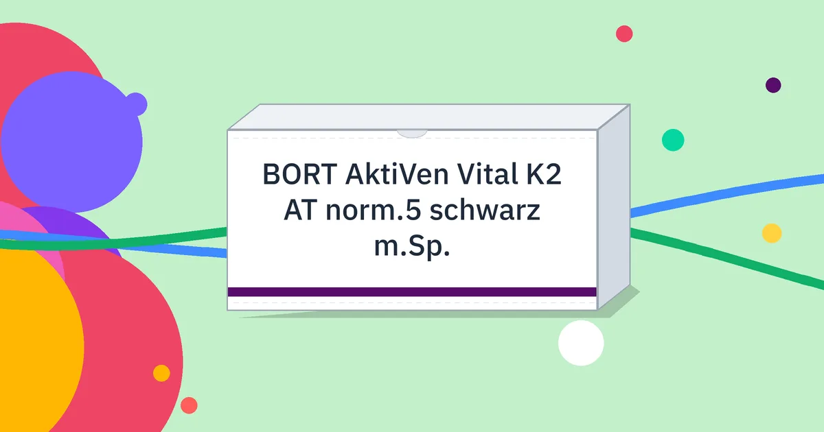 Symbolbild: Packung mit der Aufschrift BORT AktiVen Vital K2 AT norm.5 schwarz m.Sp. (PZN 13740514) – Verfügbarkeit und Bezug in Apotheken in Frankfurt am Main