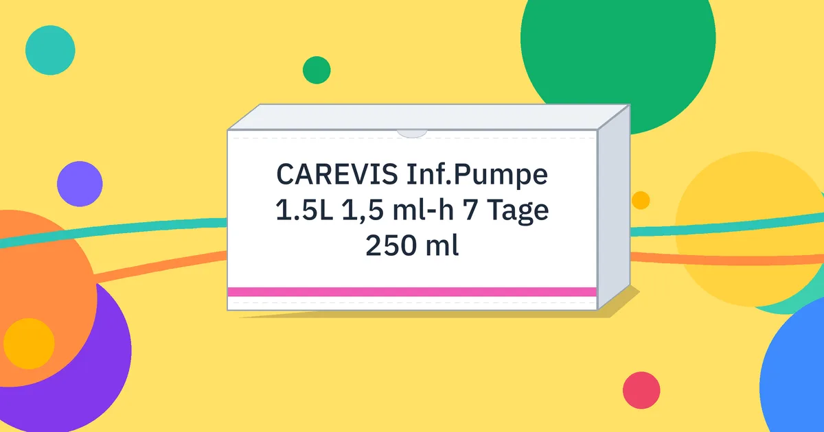 Symbolbild: Packung mit der Aufschrift CAREVIS Inf.Pumpe 1.5L 1,5 ml-h 7 Tage 250 ml (PZN 08431001) – Verfügbarkeit und Bezug in Apotheken in Frankfurt am Main