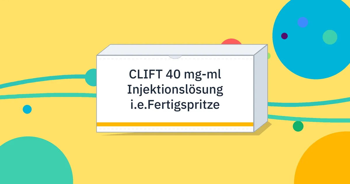 Symbolbild: Packung mit der Aufschrift CLIFT 40 mg-ml Injektionslösung i.e.Fertigspritze (PZN 19228071) – Verfügbarkeit und Bezug in Apotheken in Frankfurt am Main