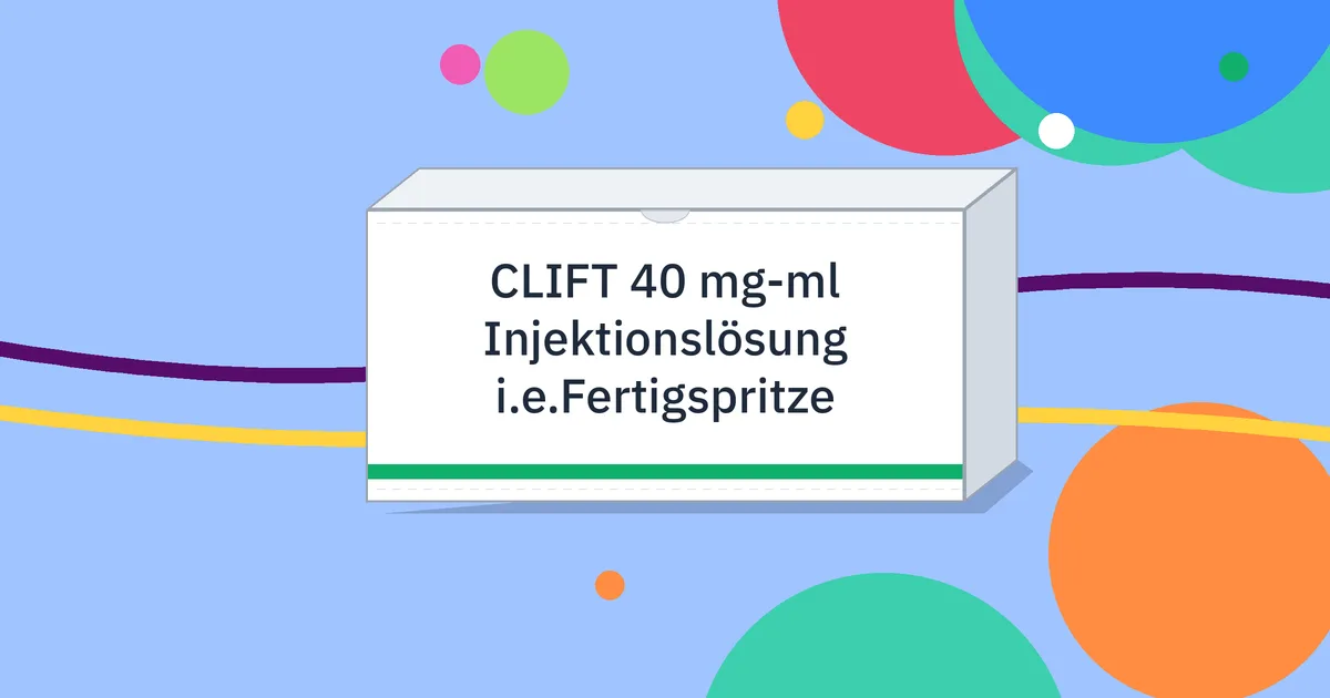 Symbolbild: Packung mit der Aufschrift CLIFT 40 mg-ml Injektionslösung i.e.Fertigspritze (PZN 19228088) – Verfügbarkeit und Bezug in Apotheken in Frankfurt am Main