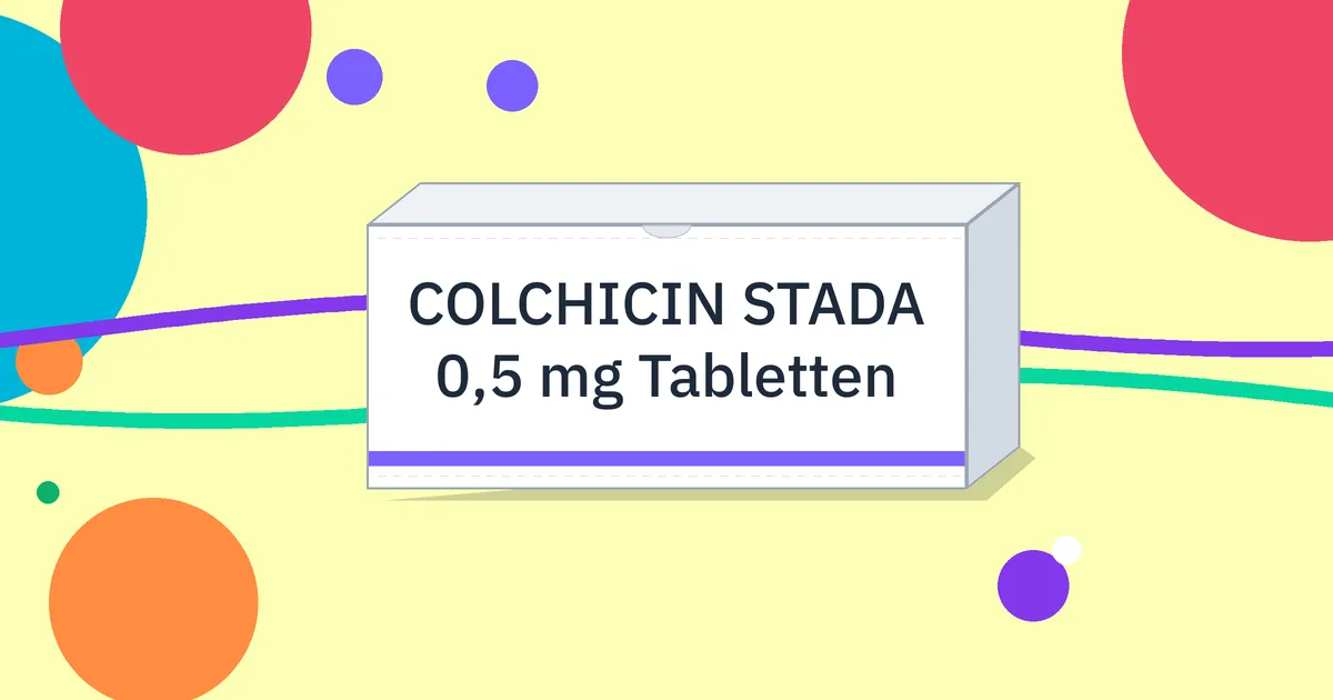 Symbolbild: Packung mit der Aufschrift COLCHICIN STADA 0,5 mg Tabletten (PZN 18671114) – Verfügbarkeit und Bezug in Apotheken in Frankfurt am Main