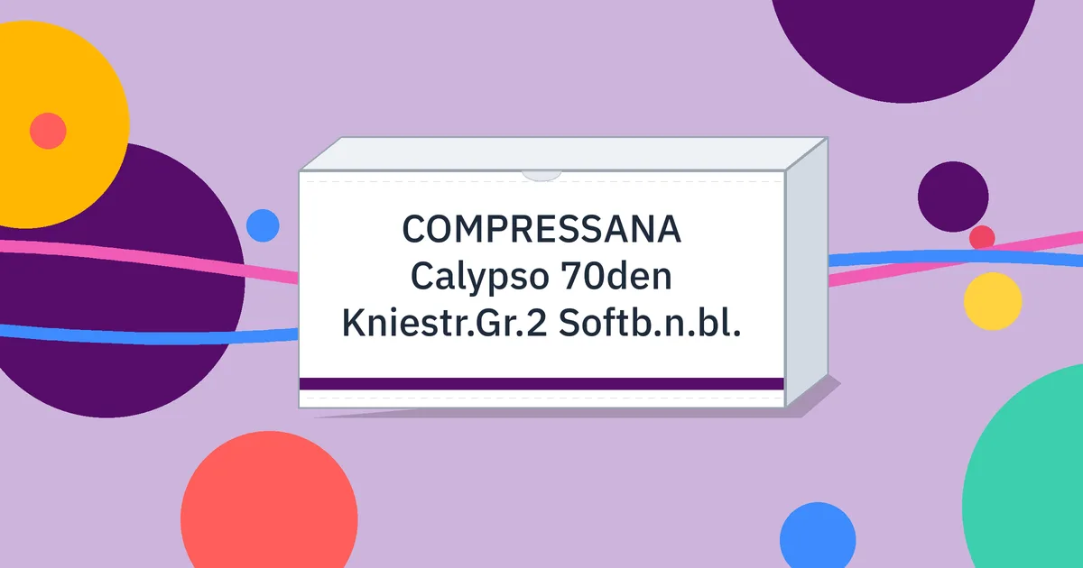 Symbolbild: Packung mit der Aufschrift COMPRESSANA Calypso 70den Kniestr.Gr.2 Softb.n.bl. (PZN 07719579) – Verfügbarkeit und Bezug in Apotheken in Frankfurt am Main