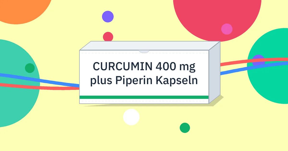 Symbolbild: Packung mit der Aufschrift CURCUMIN 400 mg plus Piperin Kapseln (PZN 15736936) – Verfügbarkeit und Bezug in Apotheken in Frankfurt am Main