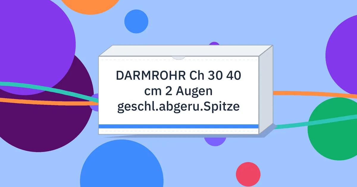Symbolbild: Packung mit der Aufschrift DARMROHR Ch 30 40 cm 2 Augen geschl.abgeru.Spitze (PZN 10125694) – Verfügbarkeit und Bezug in Apotheken in Frankfurt am Main