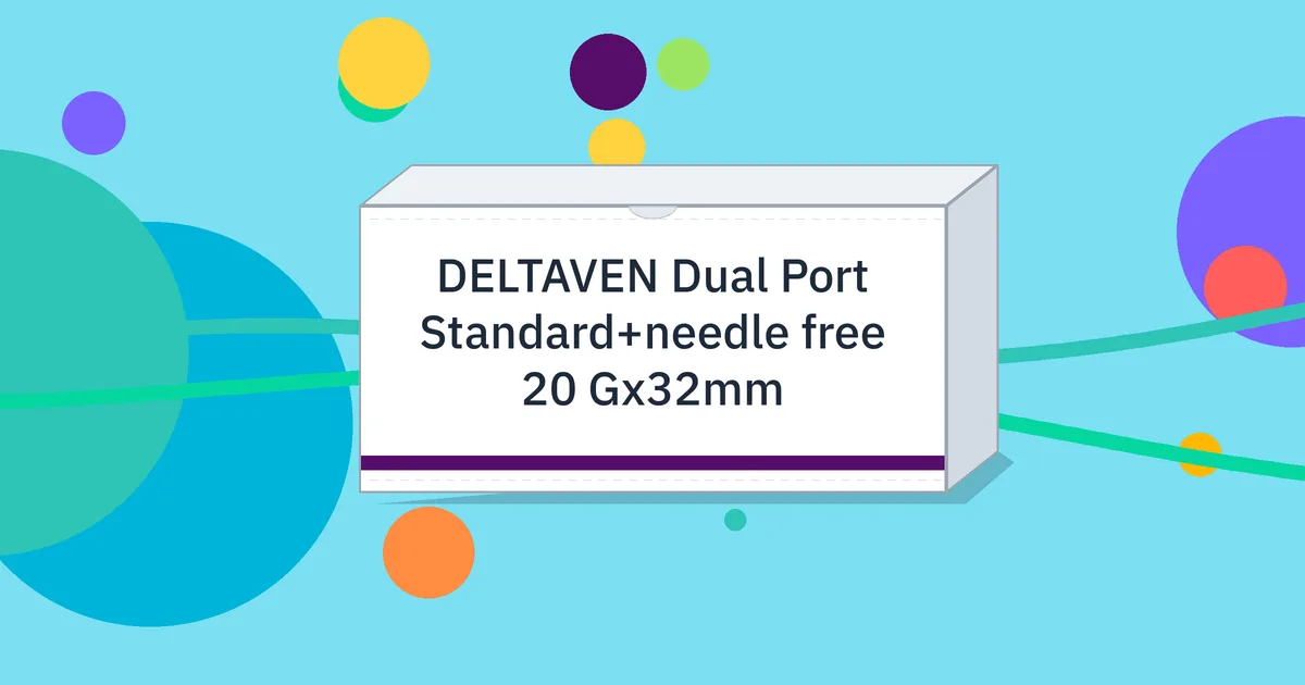 Symbolbild: Packung mit der Aufschrift DELTAVEN Dual Port Standard+needle free 20 Gx32mm (PZN 18873674) – Verfügbarkeit und Bezug in Apotheken in Frankfurt am Main