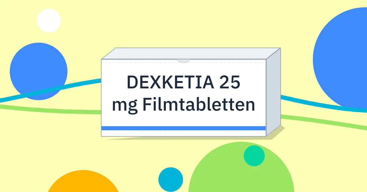 Symbolbild: Packung mit der Aufschrift DEXKETIA 25 mg Filmtabletten (PZN 18862995) – Verfügbarkeit und Bezug in Apotheken in Frankfurt am Main