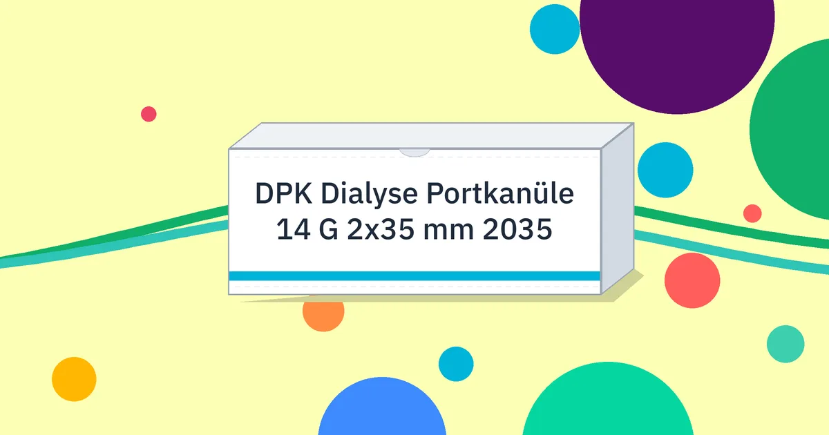 Symbolbild: Packung mit der Aufschrift DPK Dialyse Portkanüle 14 G 2x35 mm 2035 (PZN 02429581) – Verfügbarkeit und Bezug in Apotheken in Frankfurt am Main