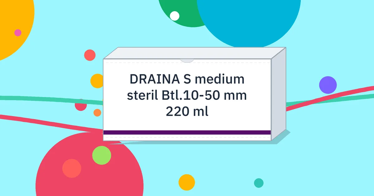Symbolbild: Packung mit der Aufschrift DRAINA S medium steril Btl.10-50 mm 220 ml (PZN 04398301) – Verfügbarkeit und Bezug in Apotheken in Frankfurt am Main