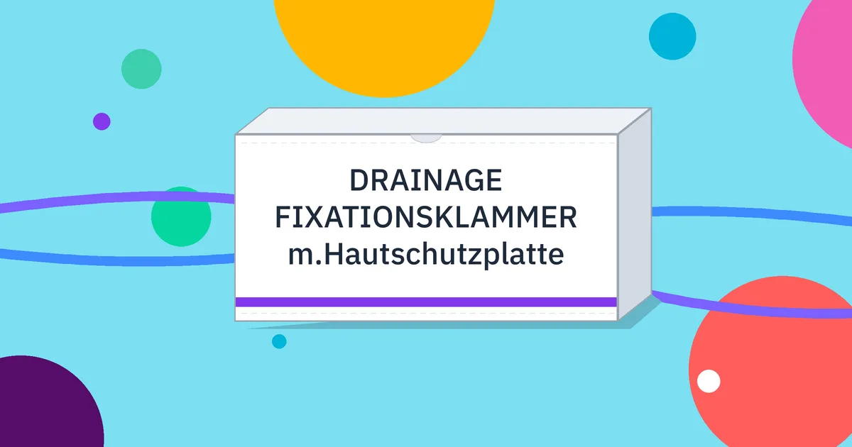 Symbolbild: Packung mit der Aufschrift DRAINAGE FIXATIONSKLAMMER m.Hautschutzplatte (PZN 04435404) – Verfügbarkeit und Bezug in Apotheken in Frankfurt am Main