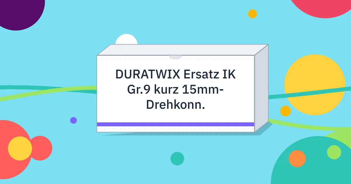 Symbolbild: Packung mit der Aufschrift DURATWIX Ersatz IK Gr.9 kurz 15mm-Drehkonn. (PZN 06977003) – Verfügbarkeit und Bezug in Apotheken in Frankfurt am Main