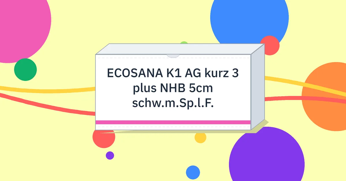 Symbolbild: Packung mit der Aufschrift ECOSANA K1 AG kurz 3 plus NHB 5cm schw.m.Sp.l.F. (PZN 04727383) – Verfügbarkeit und Bezug in Apotheken in Frankfurt am Main