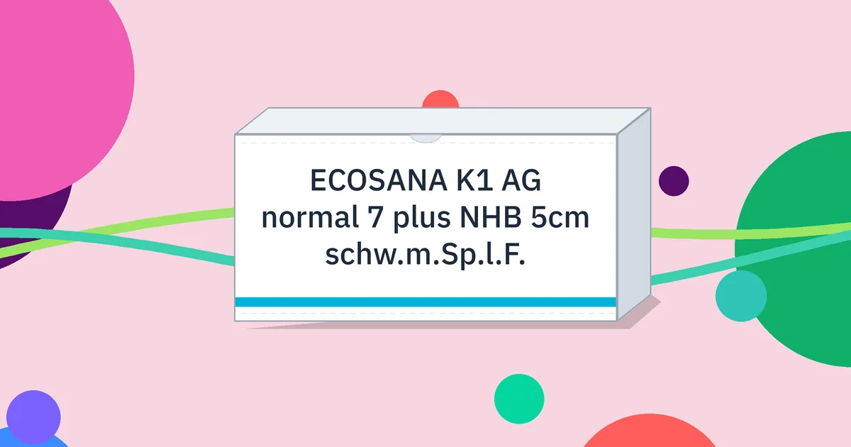 Symbolbild: Packung mit der Aufschrift ECOSANA K1 AG normal 7 plus NHB 5cm schw.m.Sp.l.F. (PZN 04730505) – Verfügbarkeit und Bezug in Apotheken in Frankfurt am Main