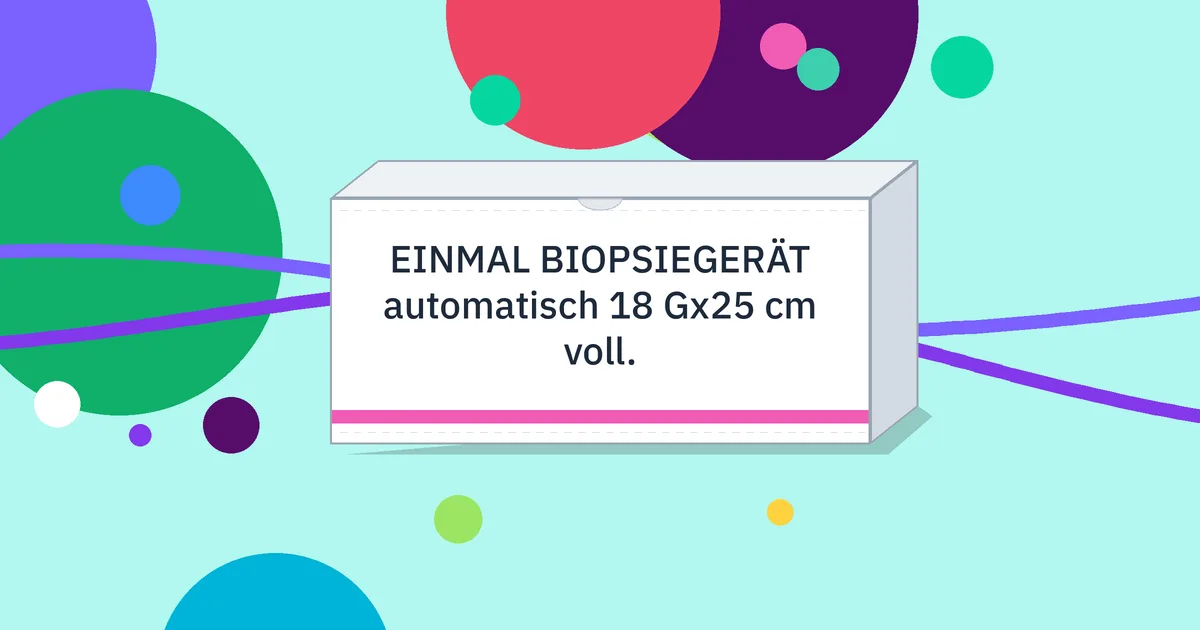 Symbolbild: Packung mit der Aufschrift EINMAL BIOPSIEGERÄT automatisch 18 Gx25 cm voll. (PZN 14384458) – Verfügbarkeit und Bezug in Apotheken in Frankfurt am Main