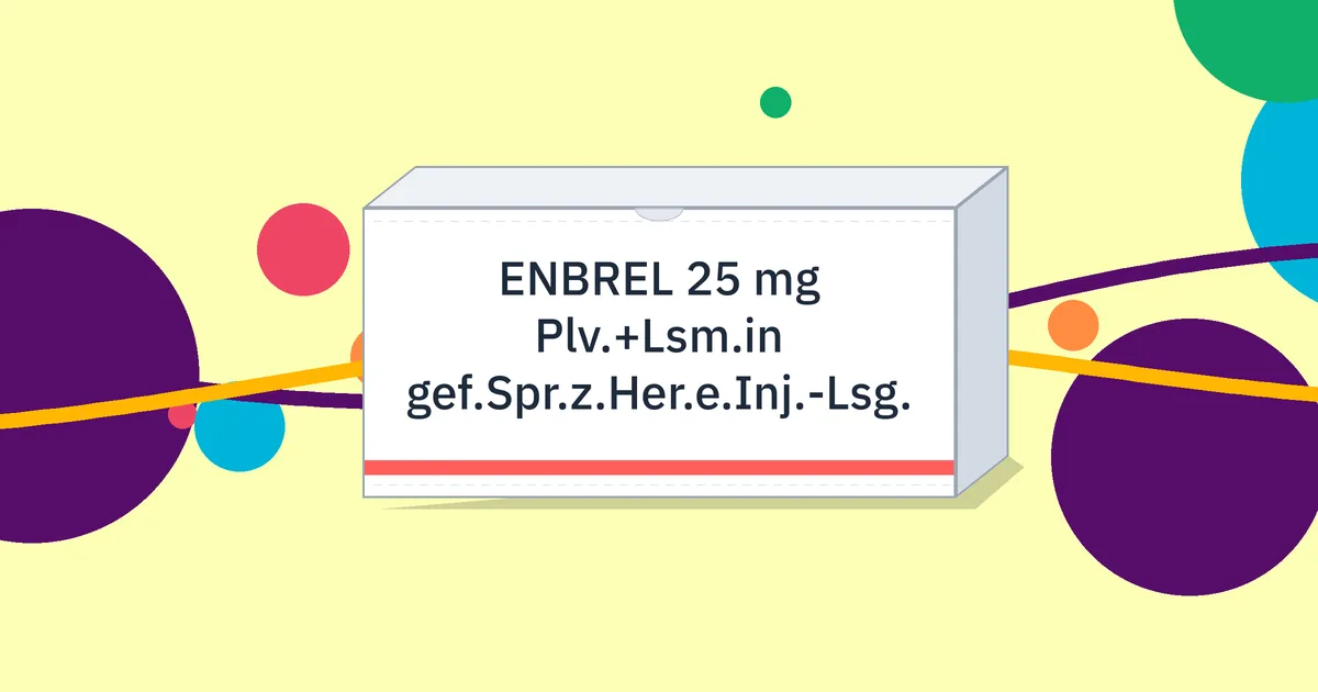 Symbolbild: Packung mit der Aufschrift ENBREL 25 mg Plv.+Lsm.in gef.Spr.z.Her.e.Inj.-Lsg. (PZN 03753289) – Verfügbarkeit und Bezug in Apotheken in Frankfurt am Main
