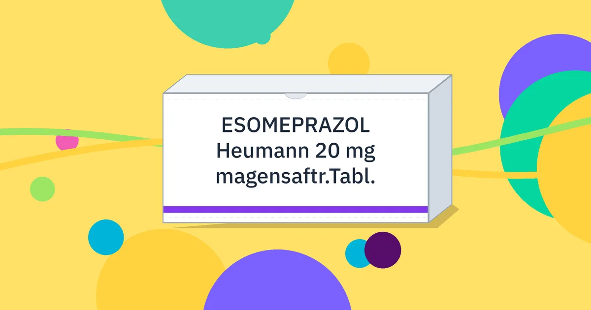 Symbolbild: Packung mit der Aufschrift ESOMEPRAZOL Heumann 20 mg magensaftr.Tabl. (PZN 08850229) – Verfügbarkeit und Bezug in Apotheken in Frankfurt am Main